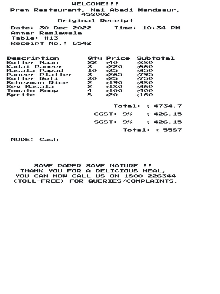 Prem Restaurant Receipt Details | PDF