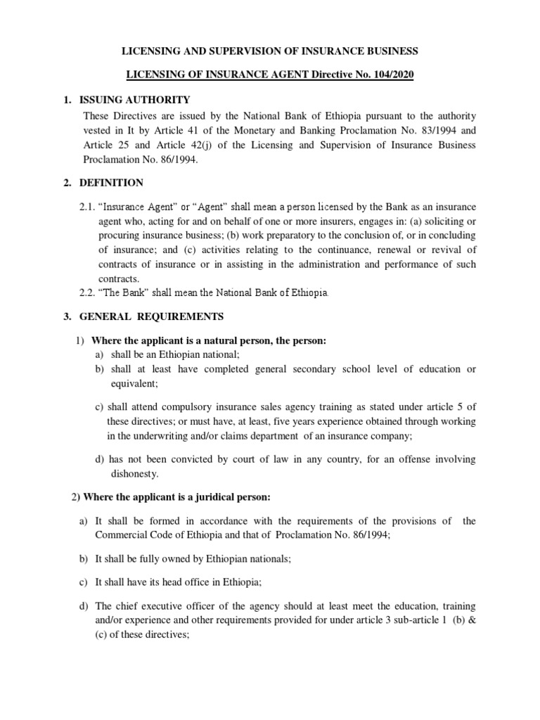 104.2020 Licensing of Insurance Agent Directive No. 104.2020 | PDF ...