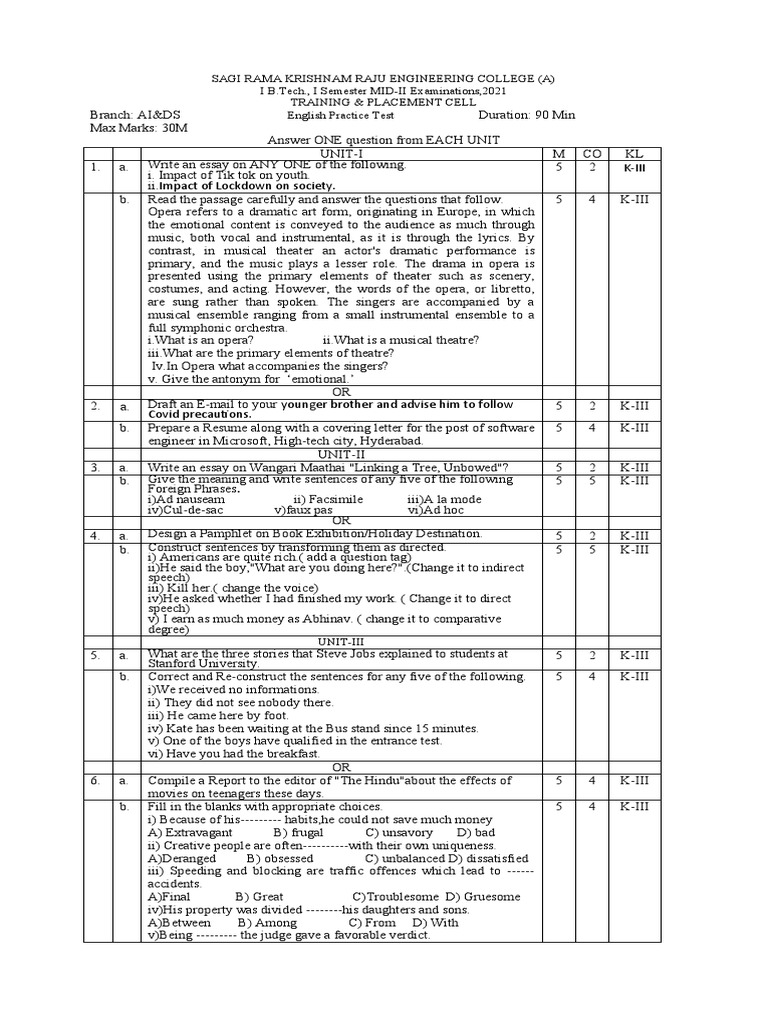 English Practice Test Question Paper, April, 2021 | PDF | Opera ...