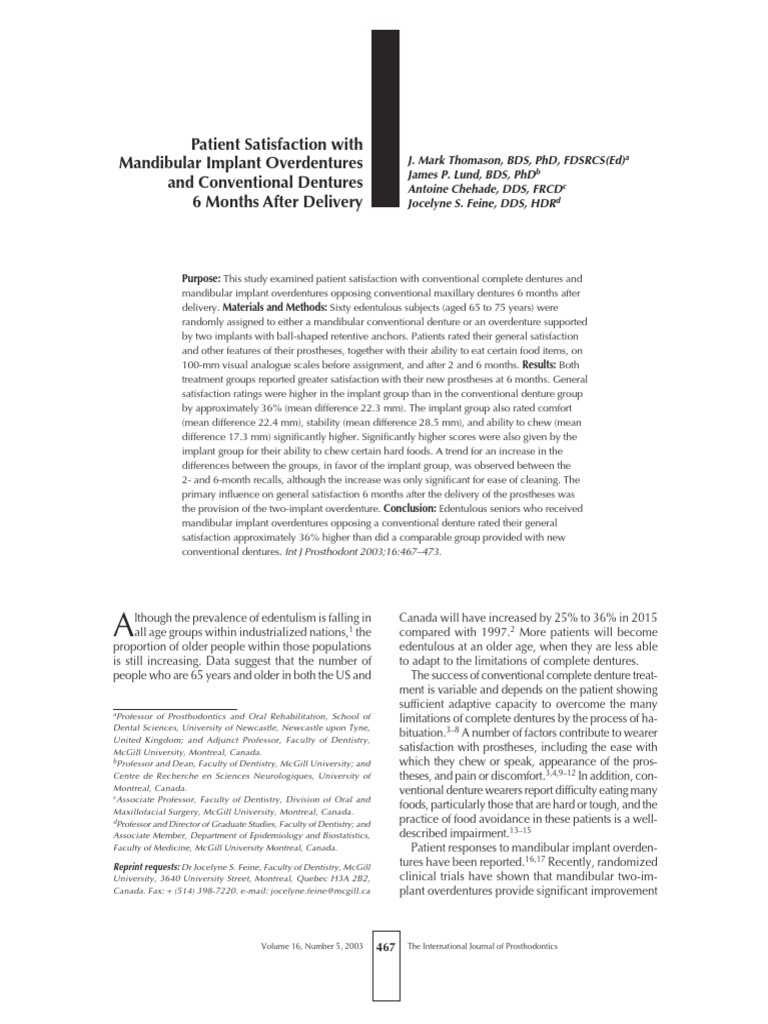 Patient Satisfaction With Implant Overdentures And Conventional Pdf Dental Implant Dentures