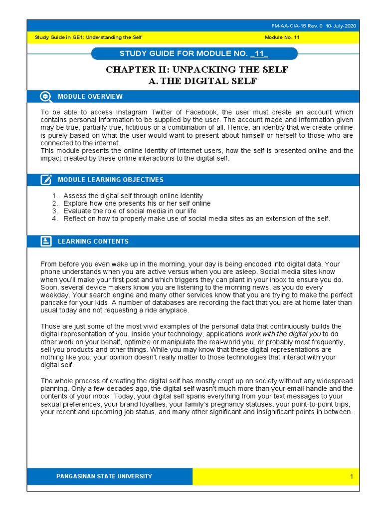 GE1 Module 11 - Digital Self | PDF | Social Media | Popular Culture & Media Studies