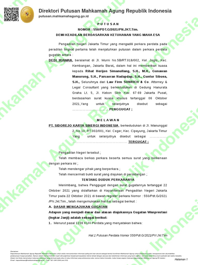 Putusan 550 PDT.G 2021 PN JKT - Tim 20220927063814 | PDF