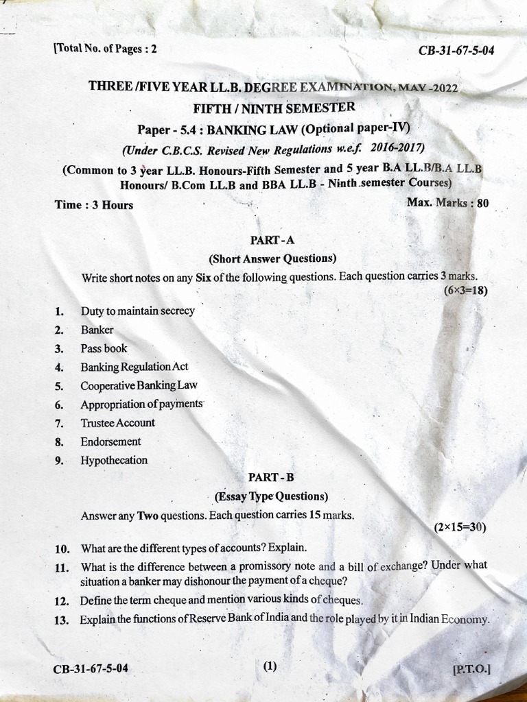 Company Law 2022 Question Paper | PDF | Banks | Cheque