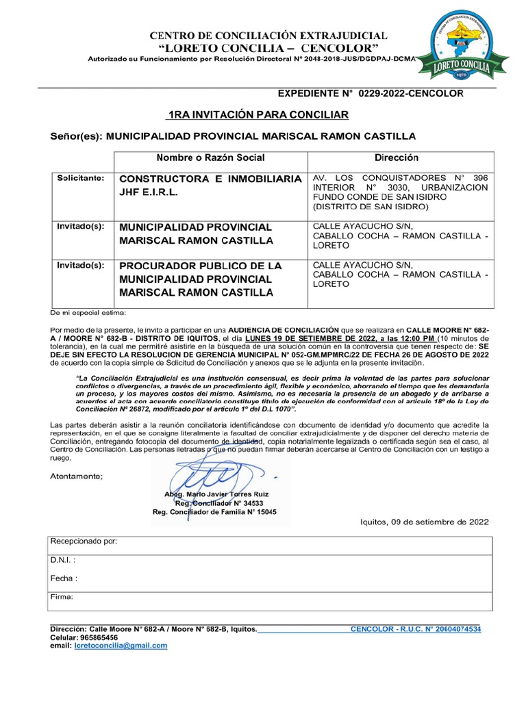 1ra Invitacion para Conciliar - Exp. Nâ° 0229-2022-Invit | PDF | Conflicto (proceso ...