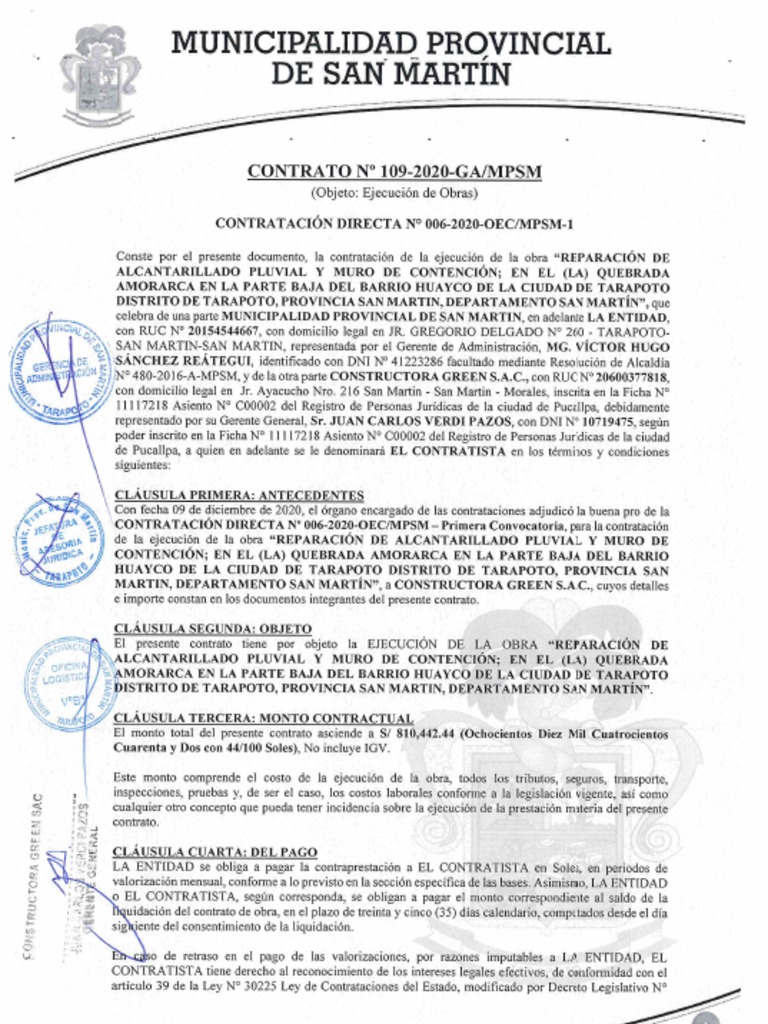 Contrato Nro 109-2020 - Constructora Green Sac | PDF