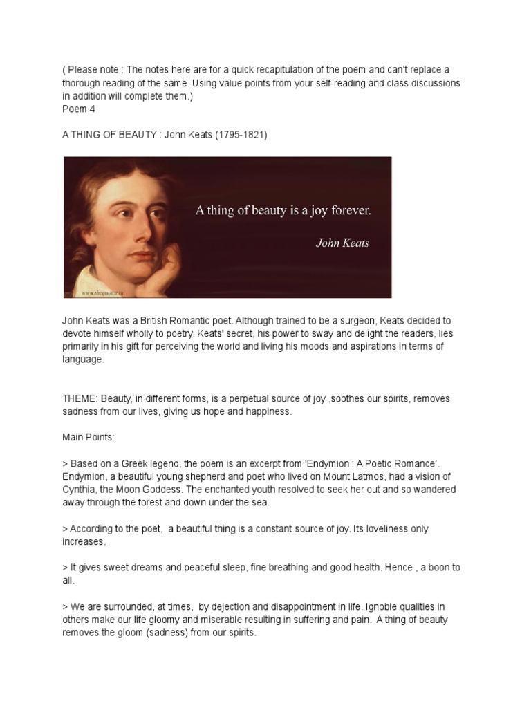 Poem 4 A Thing of Beauty | PDF | Beauty | John Keats