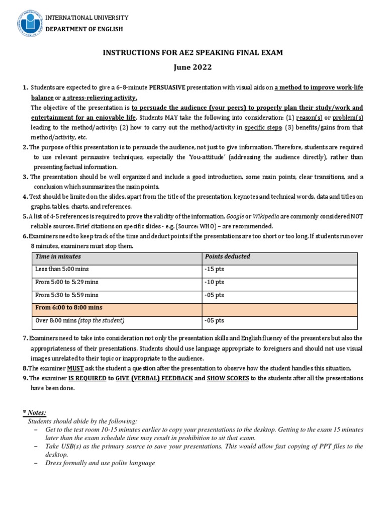 Speaking AE2 Final 2122S2 | PDF | Test (Assessment) | Persuasion