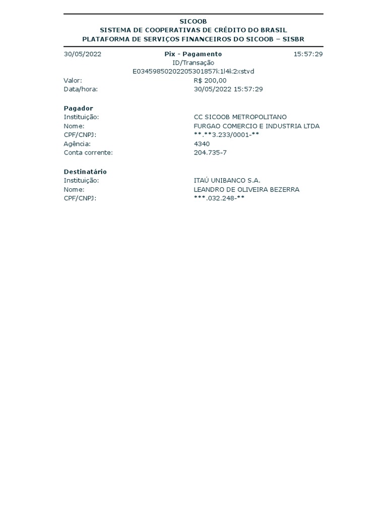 Sicoob Comprovante (30-05-2022 15-57-33) | PDF Sicoob Comprovante (30-05-2022 15-57-33) | PDF