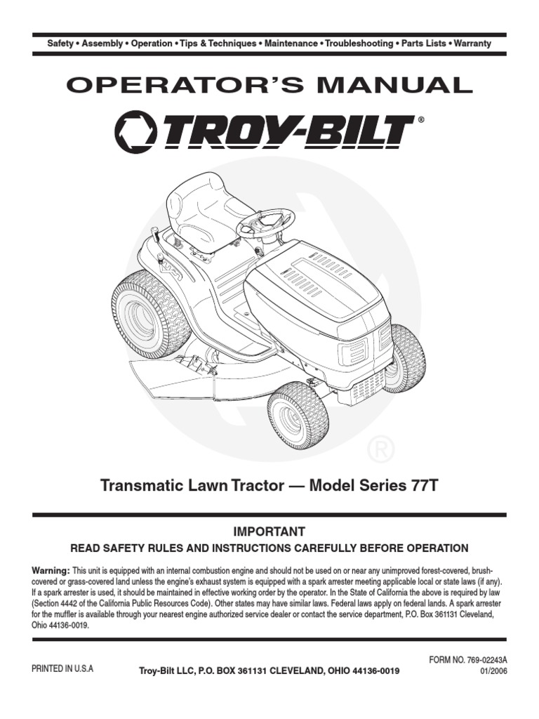 Operator'S Manual: Transmatic Lawn Tractor - Model Series 77T | PDF ...