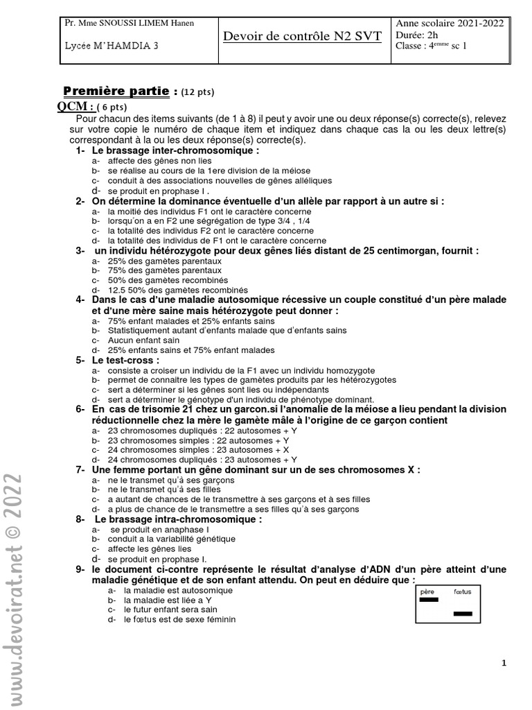 Devoir de Contrôle N°2 - SVT - Bac Sciences Exp (2021-2022) Mme SNOUSSI ...
