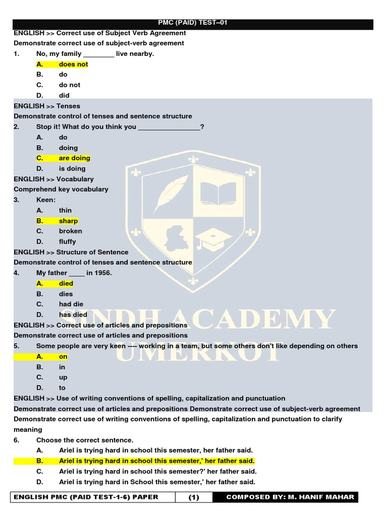 English PMC Test Paper 1-6 | PDF | English Language | Verb