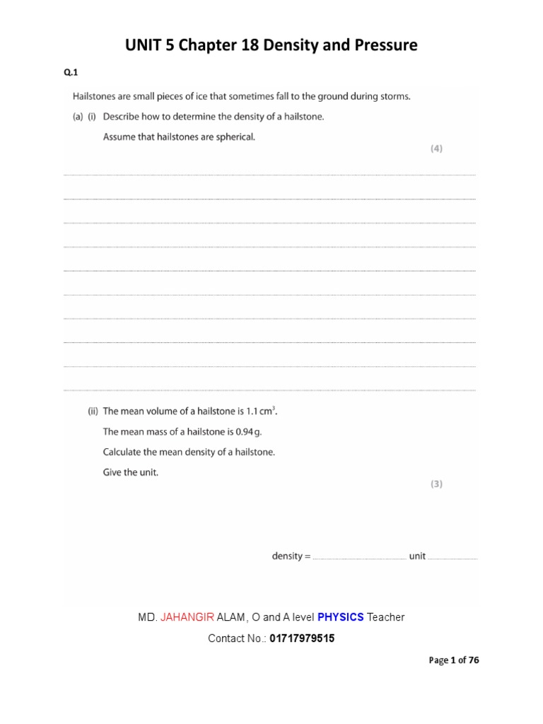 UNIT 5 Chapter 18 Density and Pressure | PDF | Volume | Chemical ...