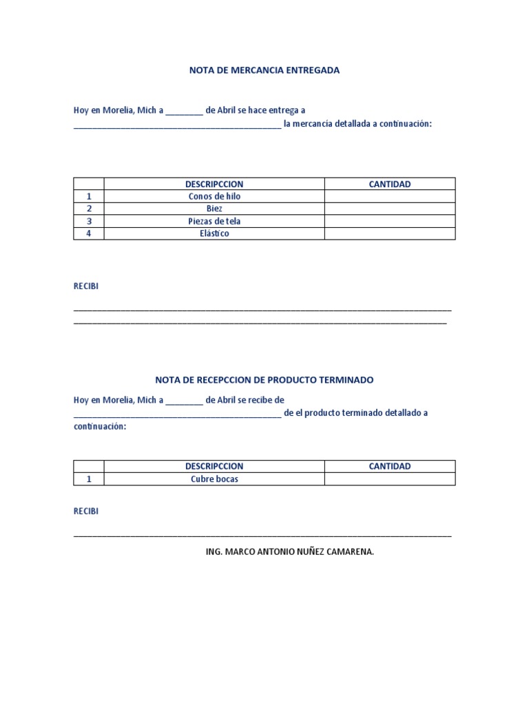 Nota de Mercancia Entregada y Terminada | PDF