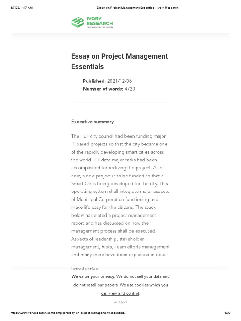 Essay On Project Management Essentials - Ivory Research | PDF | Project ... Essay On Project Management Essentials - Ivory Research | PDF | Project ...