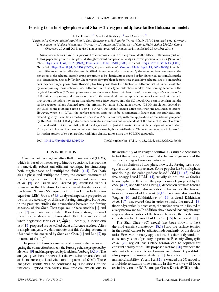 Forcing Term in Single-Phase and Shan-Chen-type Multiphase Lattice Boltzmann Models - 2011 - PRE ...