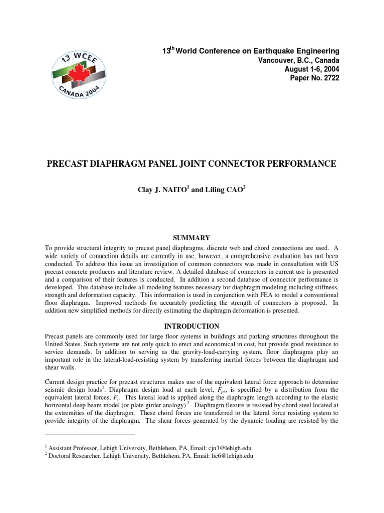 Precast Diaphragm Panel Joint Connector Performance: 13 World ...