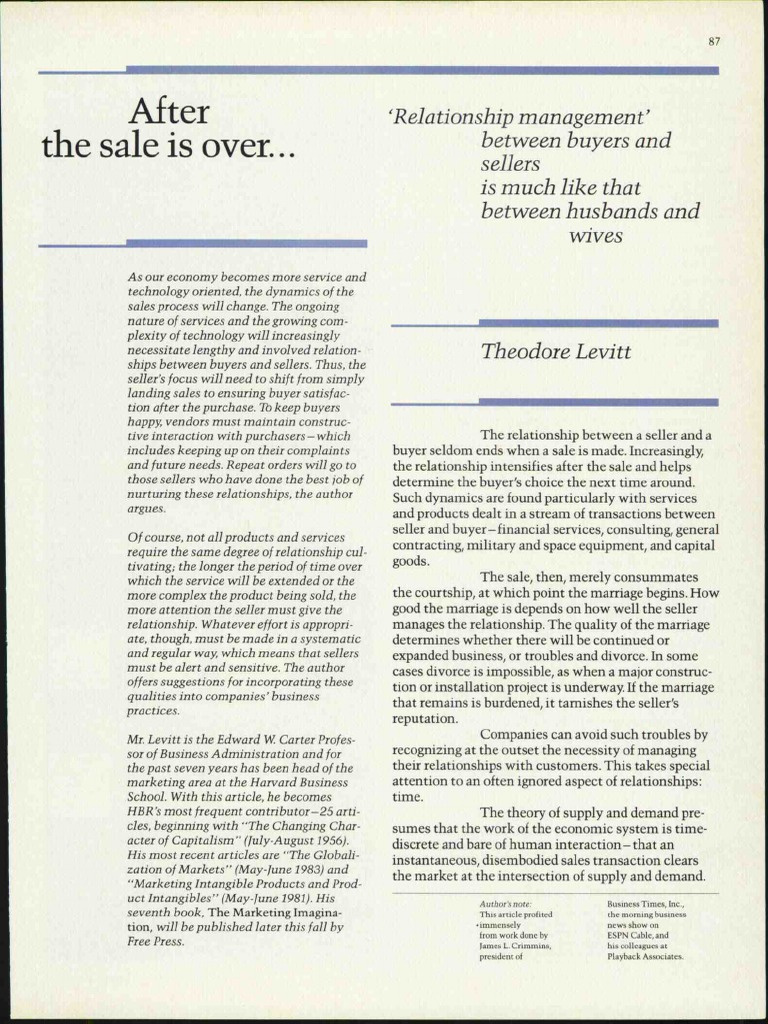 Levitt (1983) After The Sale Is Over | PDF