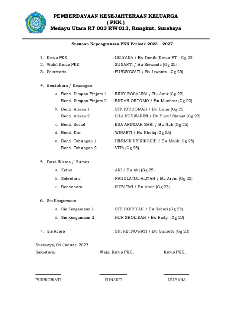 Susunan Pengurus PKK 2023 | PDF