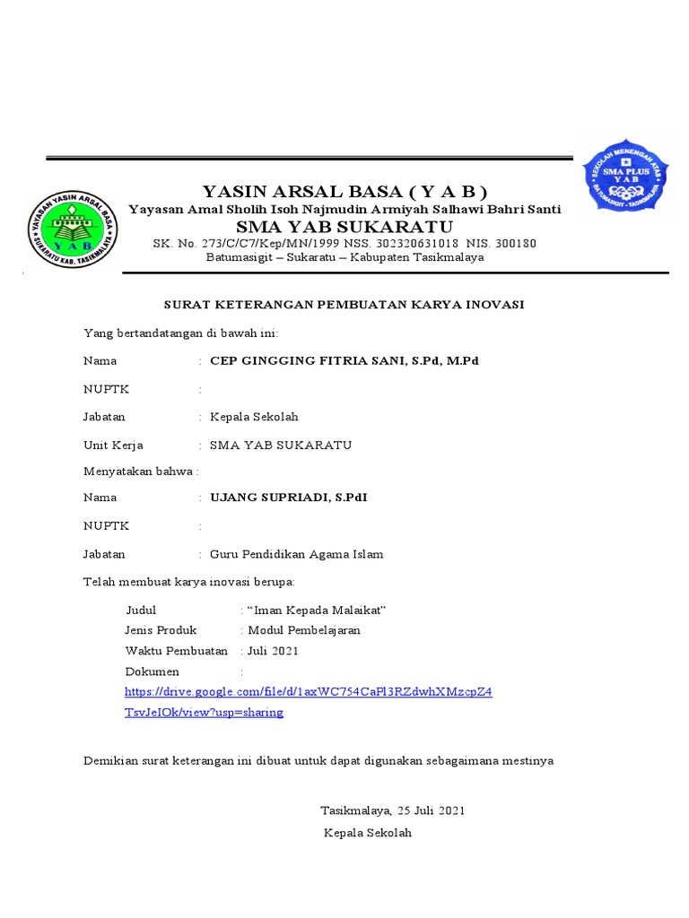 Surat Keterangan Membuat Karya Inovasi Pembelajaran | PDF