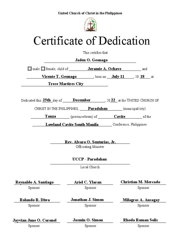 Certificate of Dedication | PDF | Christian Movements | Christian Denominational Families