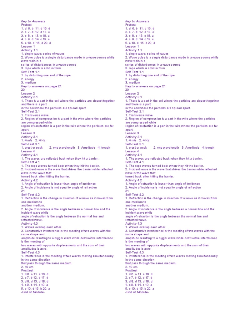 Key To Answers Key To Answers | PDF | Interference (Wave Propagation ...