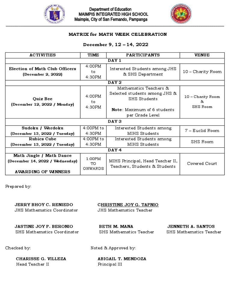 Matrix For Math Week Celebration 2022 | PDF | Mathematics