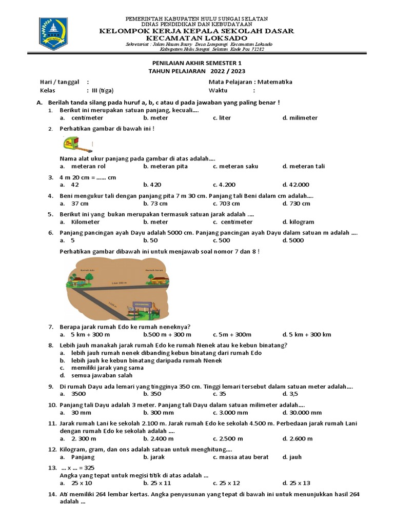 Soal Matematika Kelas 3 Semester 1 Tahun Ajaran 2022-2023 | PDF