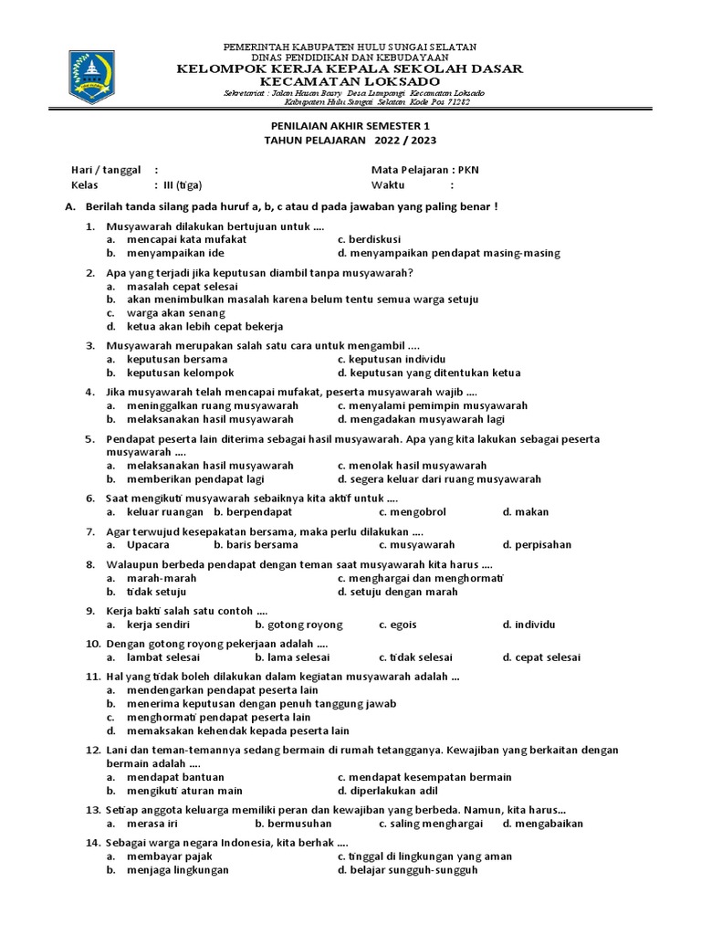 Soal PKN Kelas 3 Semester 1 Tahun Ajaran 2022-2023 | PDF