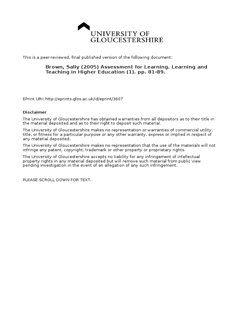 Assessment For Learning Brown | PDF | Educational Assessment ...