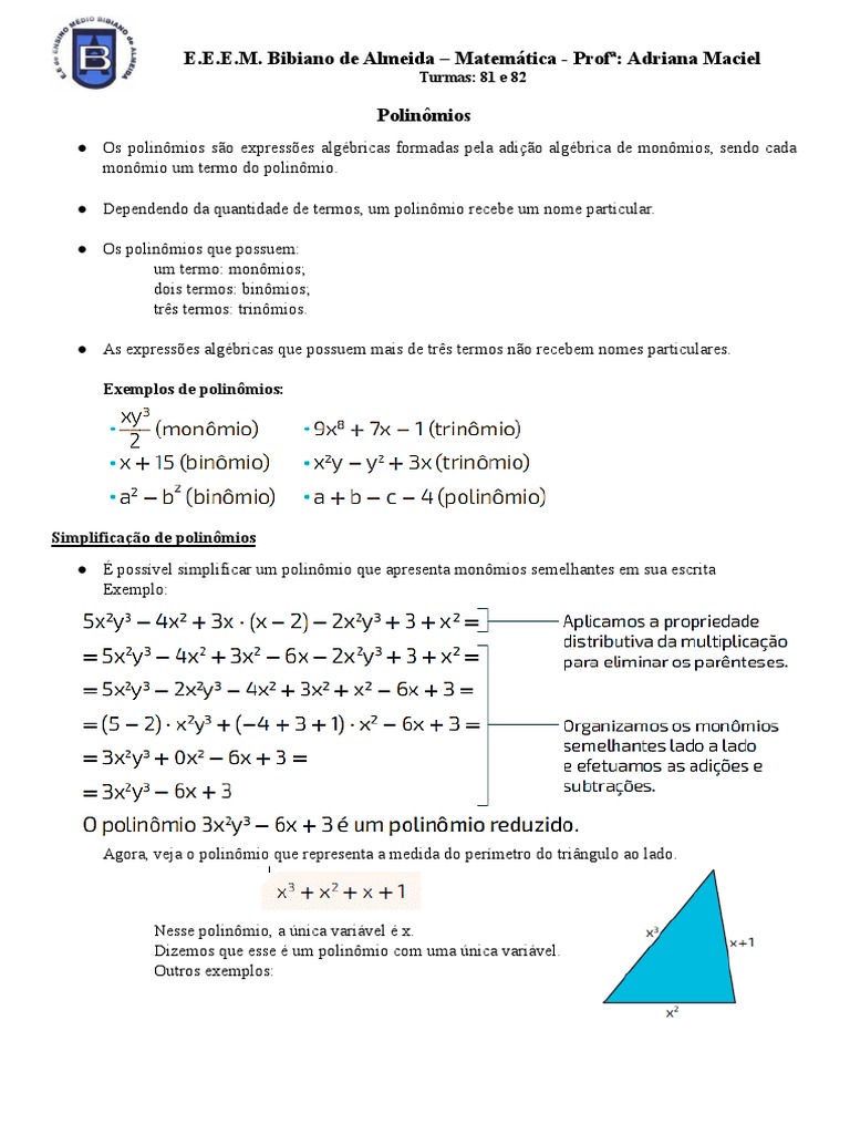 Polinômios: classificação, operações e aplicações | PDF | Analise ...