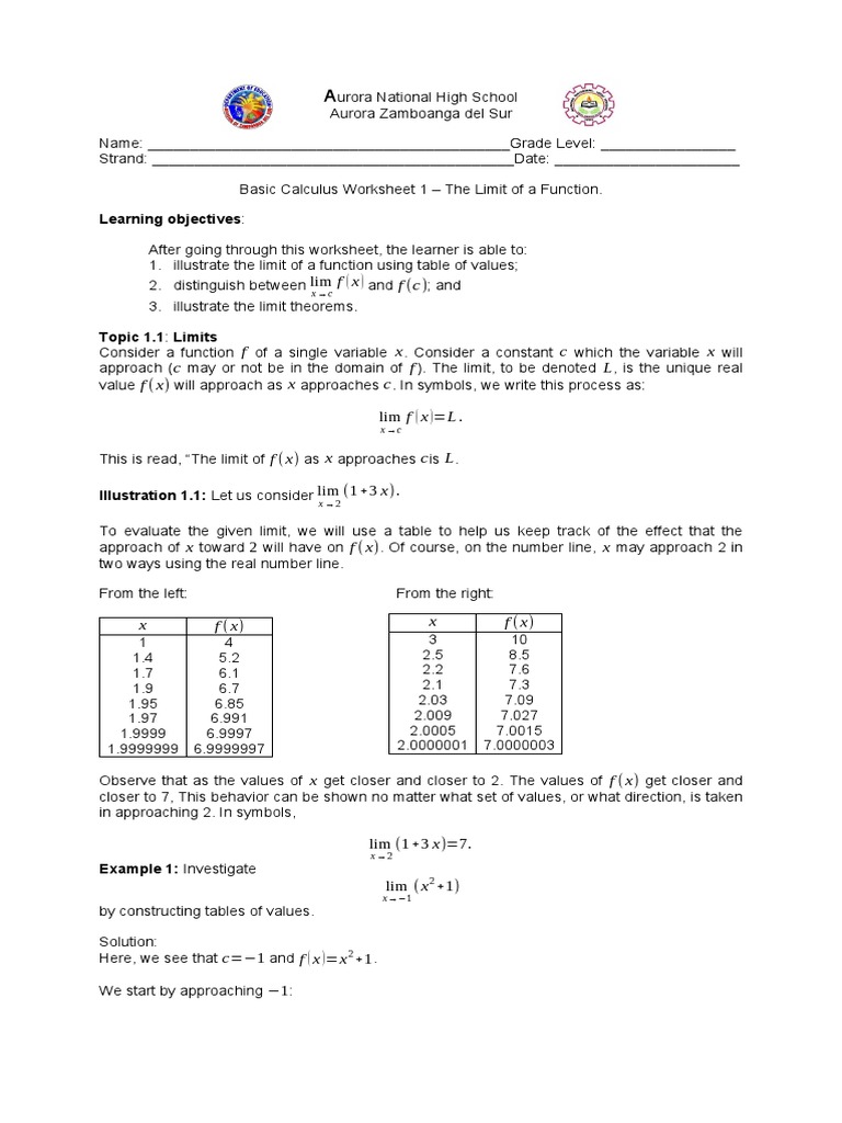 Basic Calculus Worksheet 1 | PDF | Function (Mathematics) | Variable ...