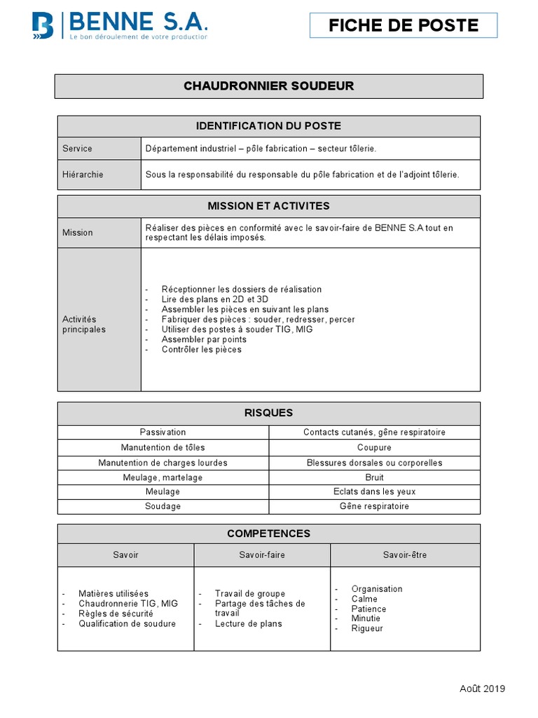 Fiche de Poste : Chaudronnier Soudeur | PDF | Construction | Soudage
