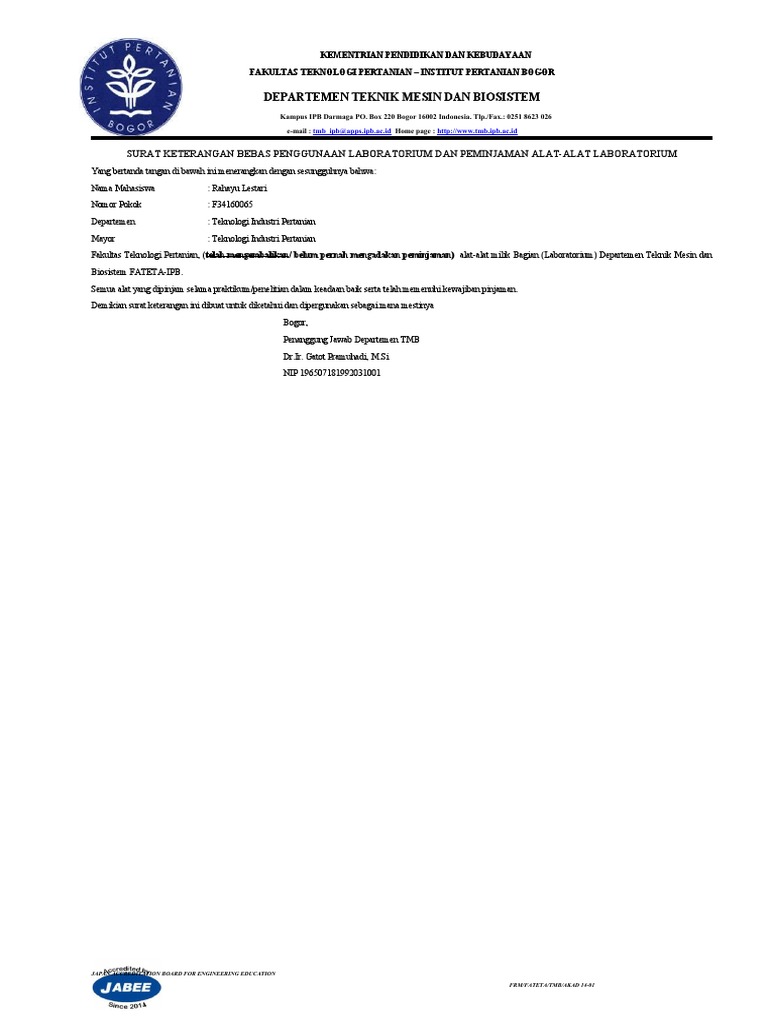 Keterangan Bebas Lab IPB | PDF