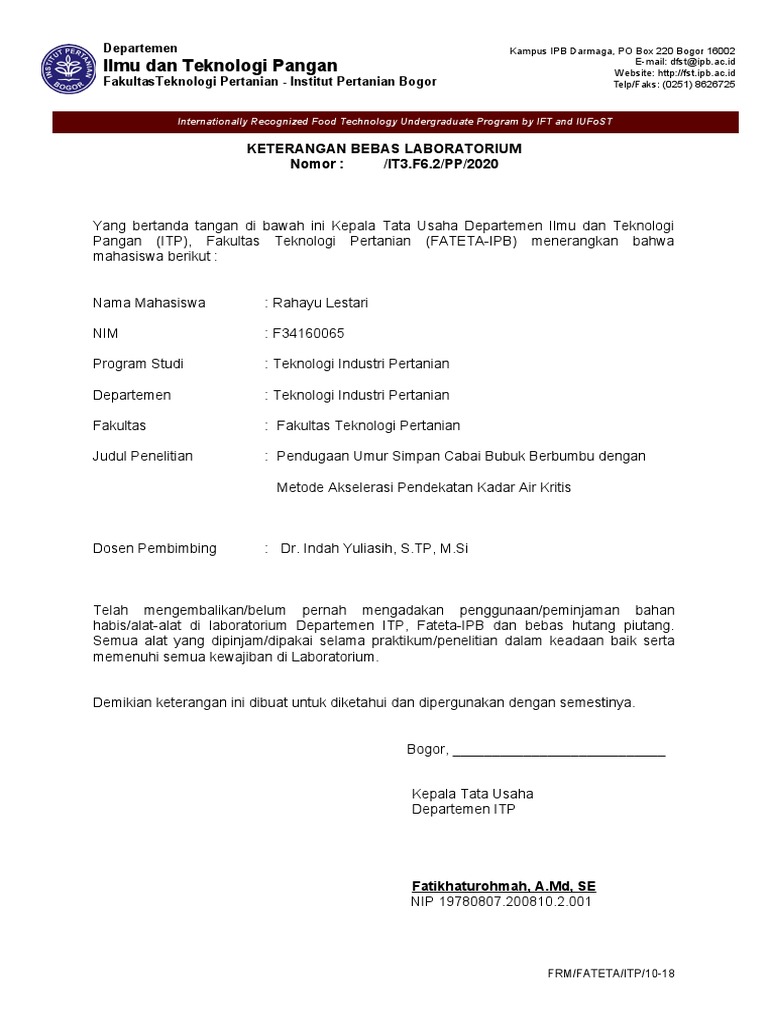 FRM ITP-10-09 Borang Bebas Lab (Mhs Luar ITP) - Rahayu Lestari ...