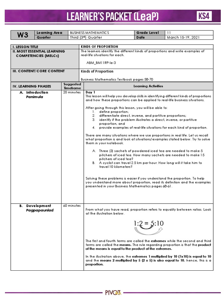 ABM Business Math Q3 Week 3 | PDF | Mean | Ratio