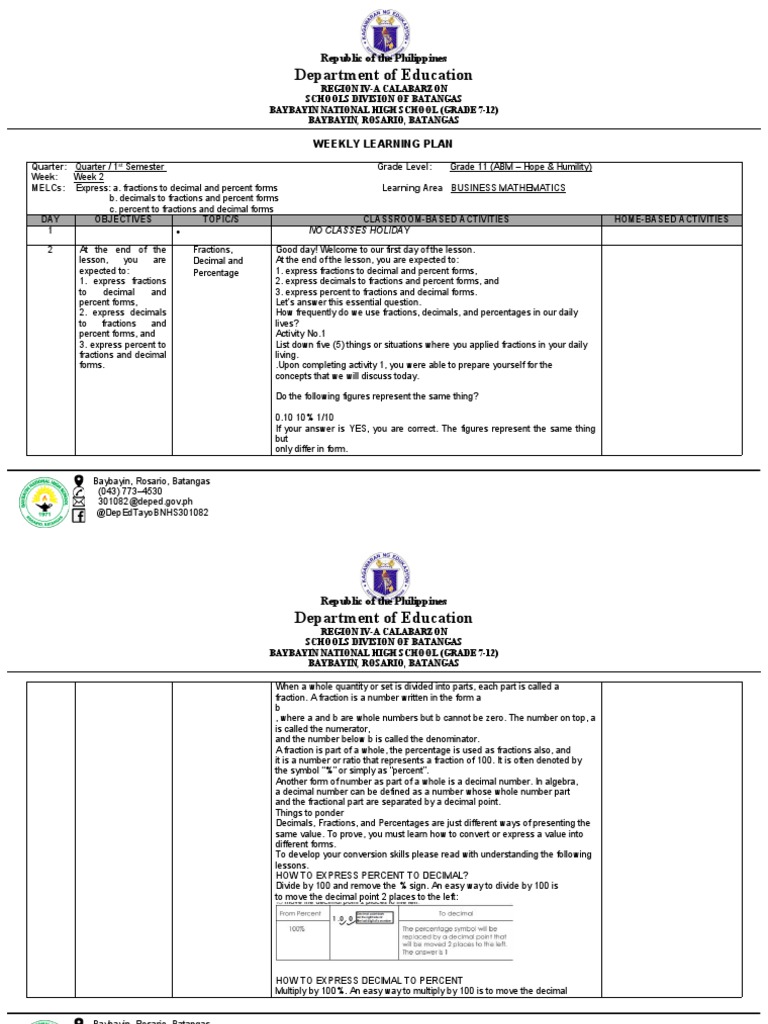 WEEKLY-LEARNING-PLAN-bm WEEK 2 | PDF | Numbers | Percentage