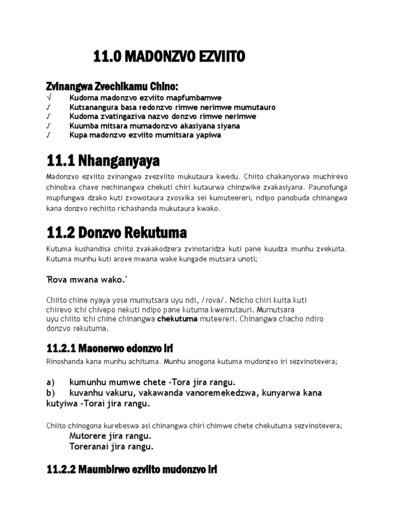 Madonzvo Ezviito (Kubva Mu 'O' Level Shona Mutauro) | PDF