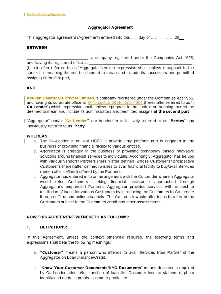 Astikan Aggregator Lending Agreement | PDF | Indemnity | Loans