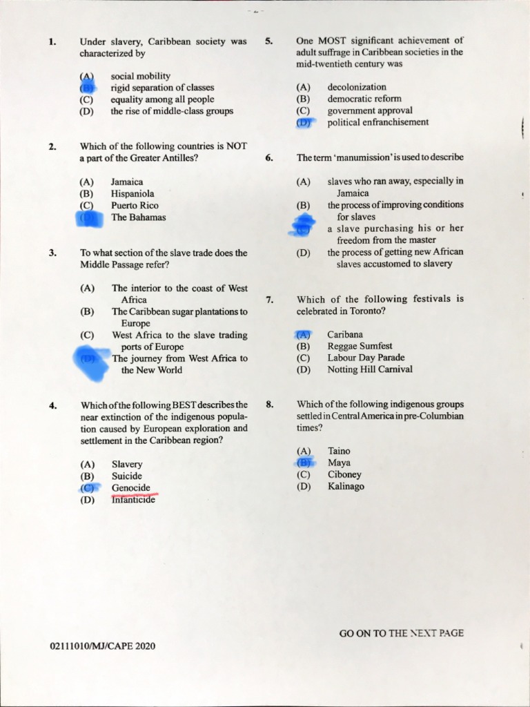 Answer Sheet Paper 1 Carib (2020) PDF | PDF