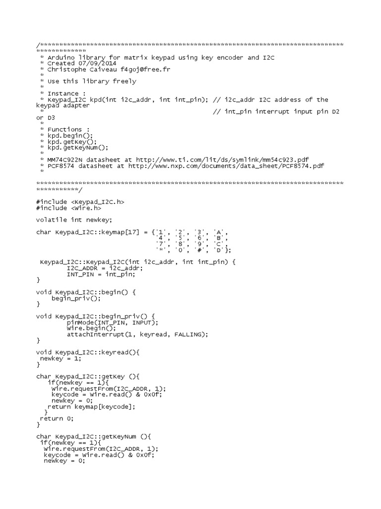 Keypad I2c Cpp Bloco De Notas Pdf