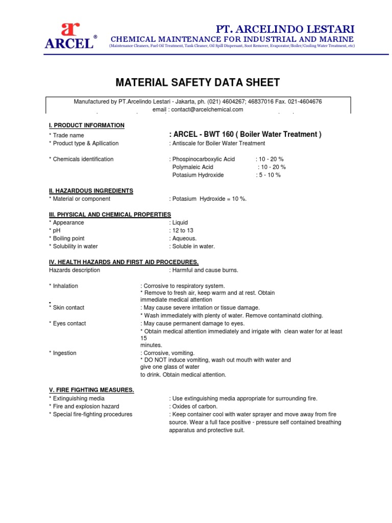 02 Msds Arcel BWT 160 | PDF | Water | Water Treatment