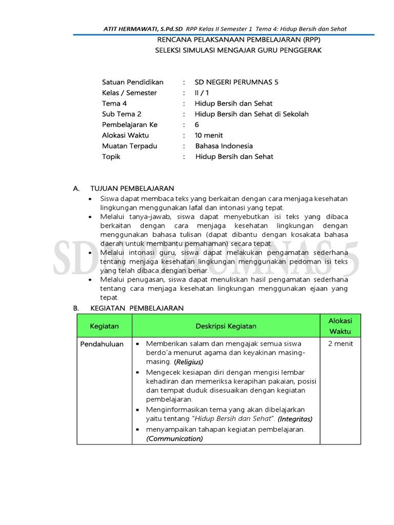 RPP Simulasi CGP Kelas 2 Tema 4 Subtema 2 PB 6 | PDF