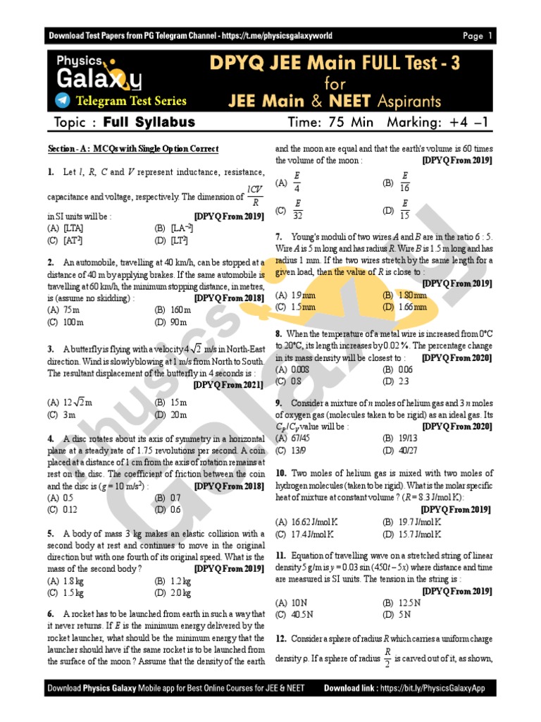 JEE Main DPYQ Full Syllabus PAPER-3 | PDF | Mole (Unit) | Gases