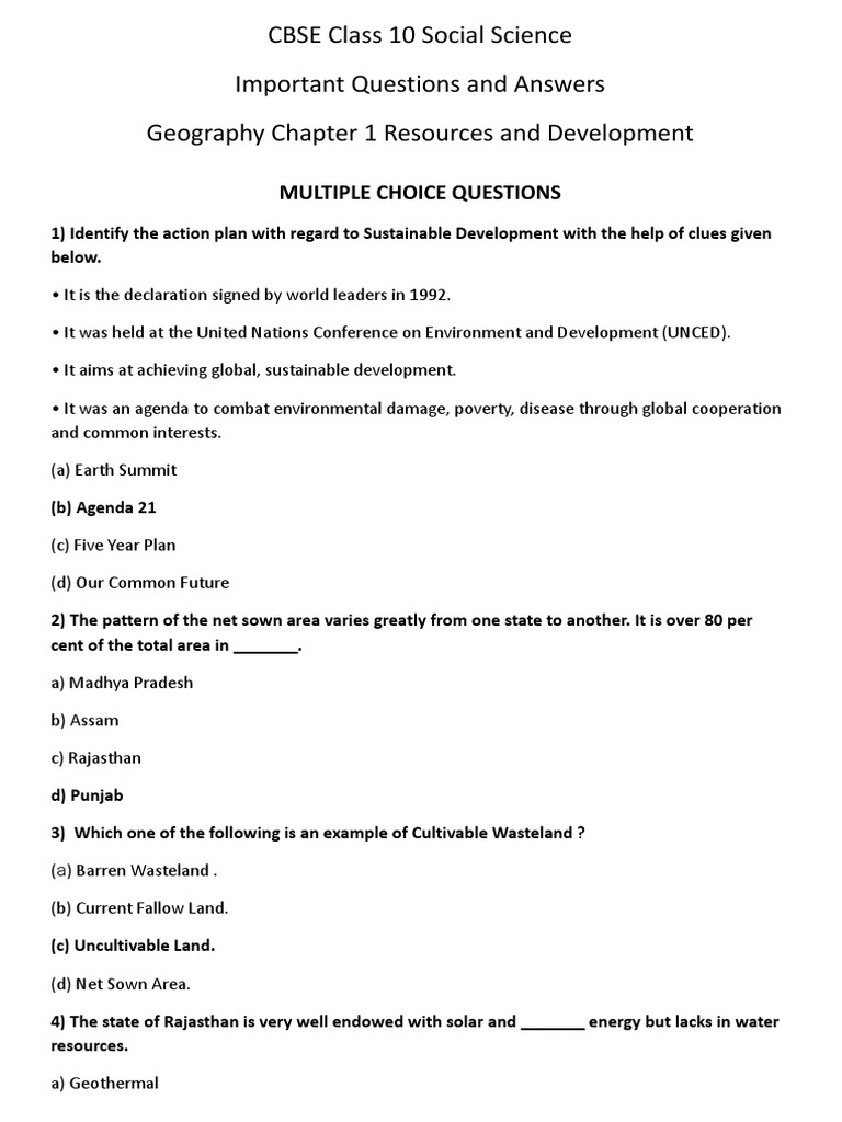 Cbse Class 10 Social Science Important Questions and Answers Geography Chapter 1 Resourcess and ...