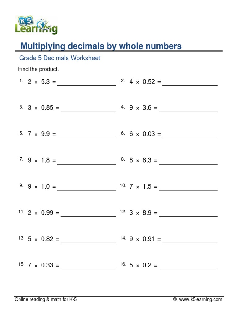 Grade 5 Multiplying Decimals 2 Digit by Whole Numbers Adv F | PDF ...