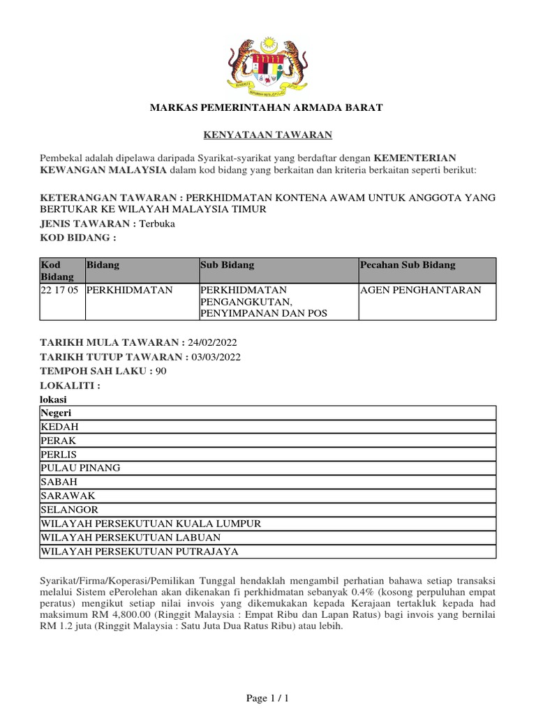 Contoh Kenyataan - Tawaran - Pembekal Perkhidmatan Kontena Door To Door ...