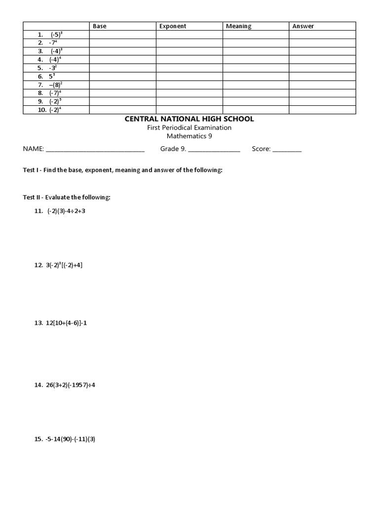 Exponents and Evaluations in Math 9 | PDF | Teaching Methods & Materials