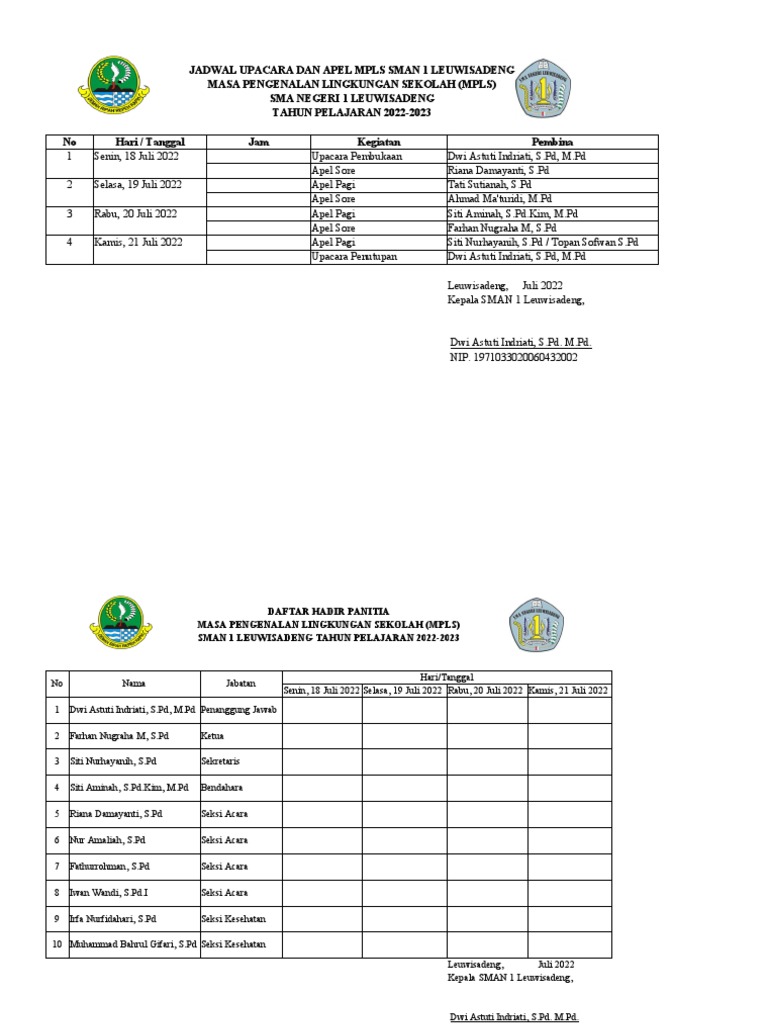 Jadwal Upacara, Apel Dan Daftar Hadir Panitia | PDF