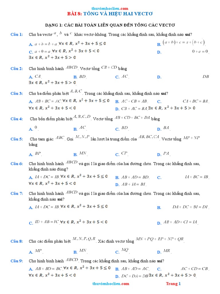 Trac Nghiem Bai 8 Tong Va Hieu Hai Vecto KNTT | PDF