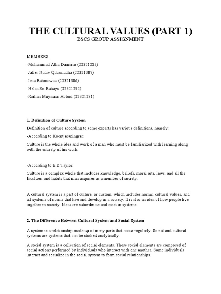 THE CULTURAL VALUES (Group Assignment) | PDF | System | Psychology